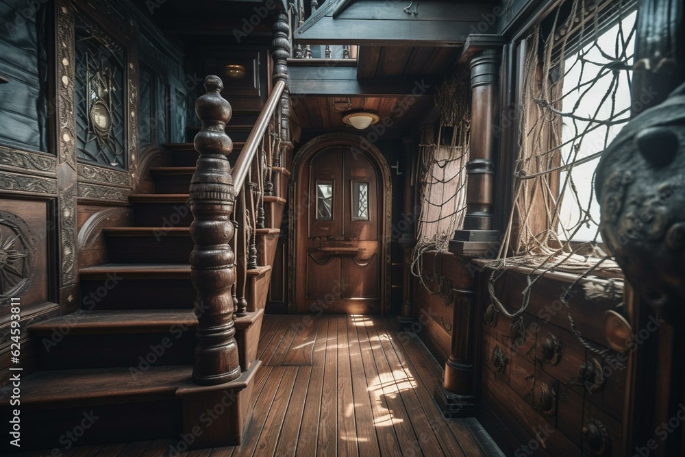 Pirate ship deck with captain's quarters door and galley stairs ...