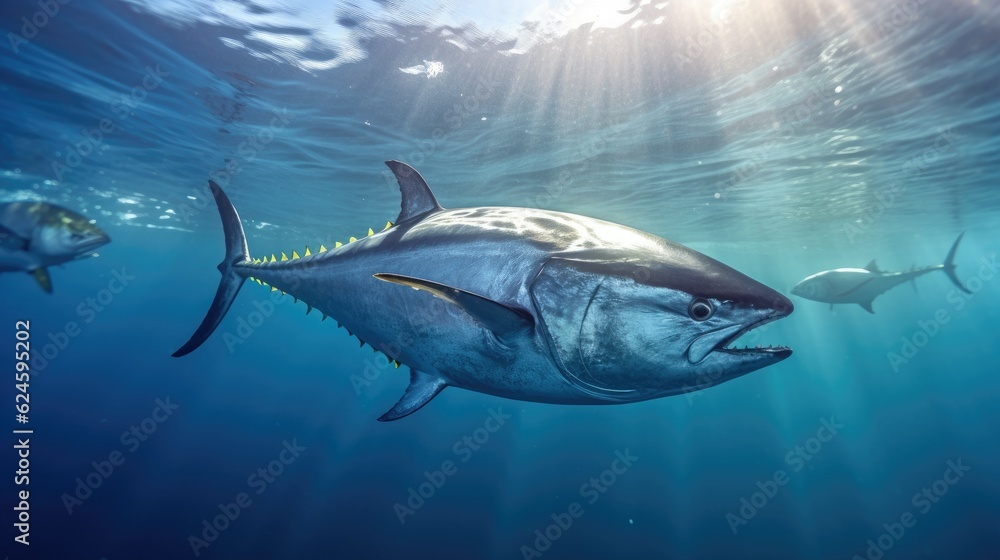 Tuna fish in the ocean. School of tuna fish in the ocean. Tuna ...