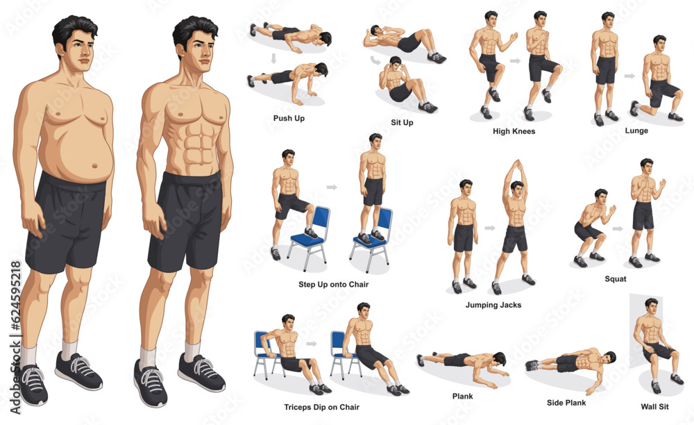 Man Body Transformation and 11 Workout Exercises Stock Vector | Adobe Stock