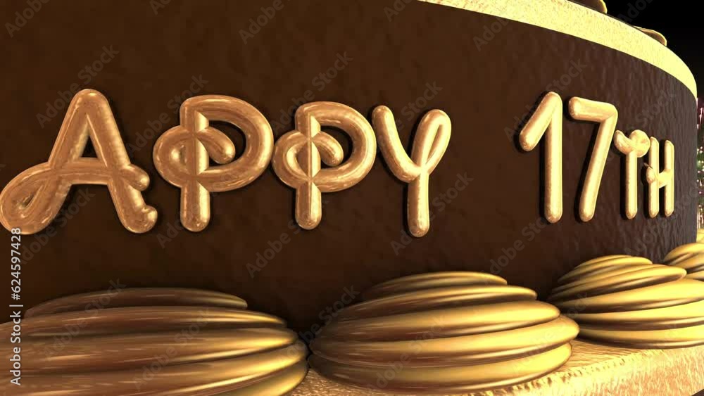 17th birthday cake animation 3d render in chocolate gold with confetti ...