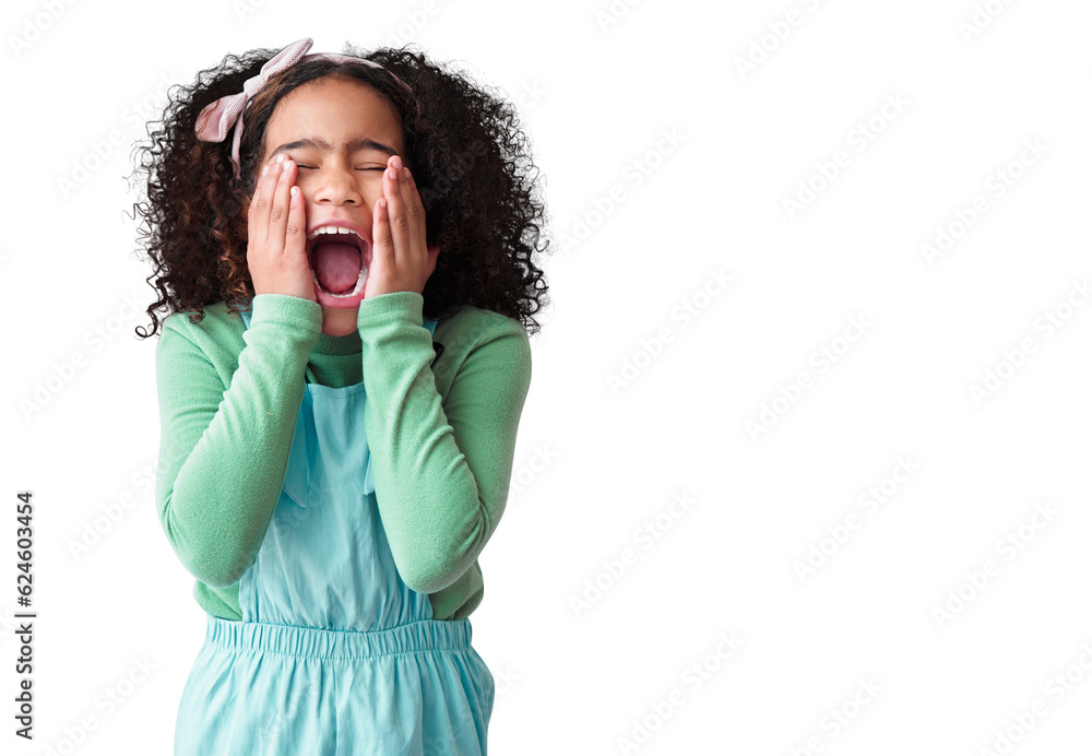Girl, surprise and secret with kid, scream and news isolated against a ...