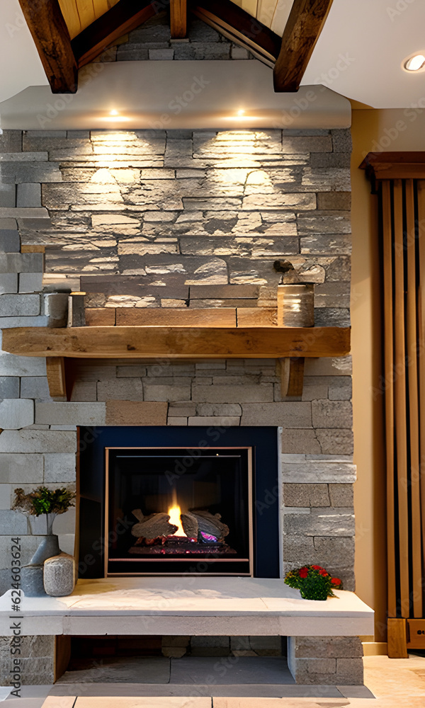 Front view of a natural stone wall in a house with the fireplace in ...