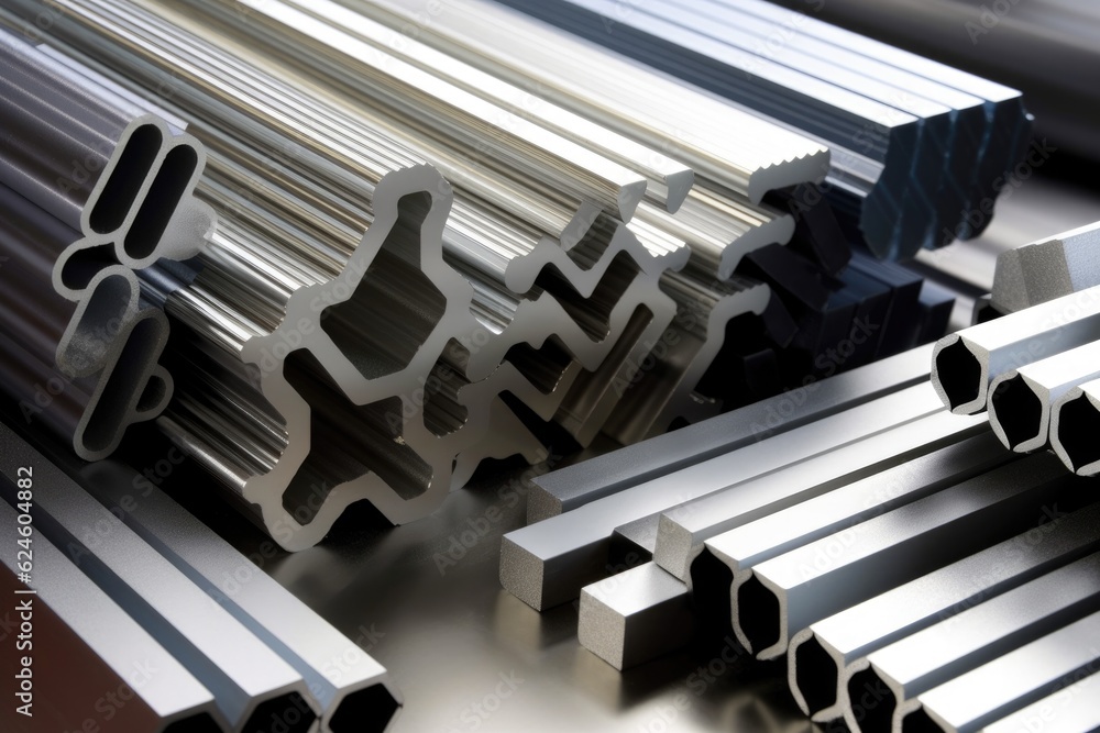 aluminum extrusion process with metal profiles, created with generative ...