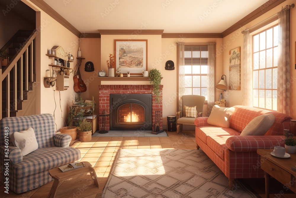 Chalet Cozy Interior Wooden cottage and Fireplace in the winter. Rustic ...