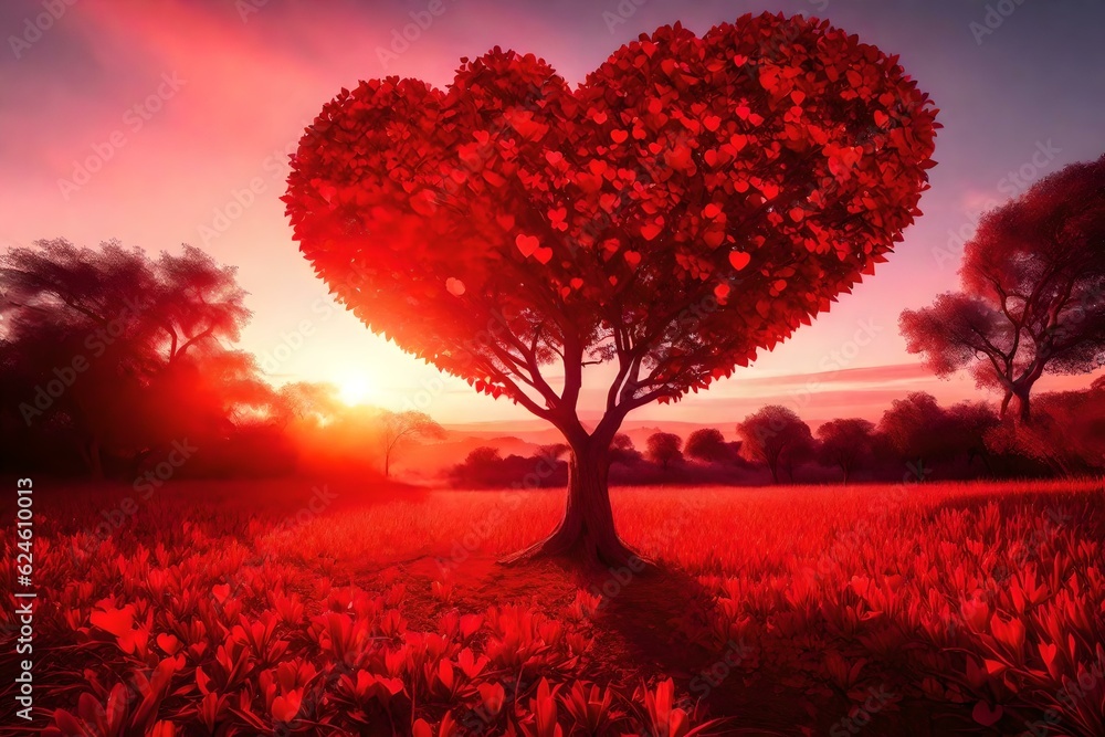 red tree heart and sunset over the field Created using generative AI ...