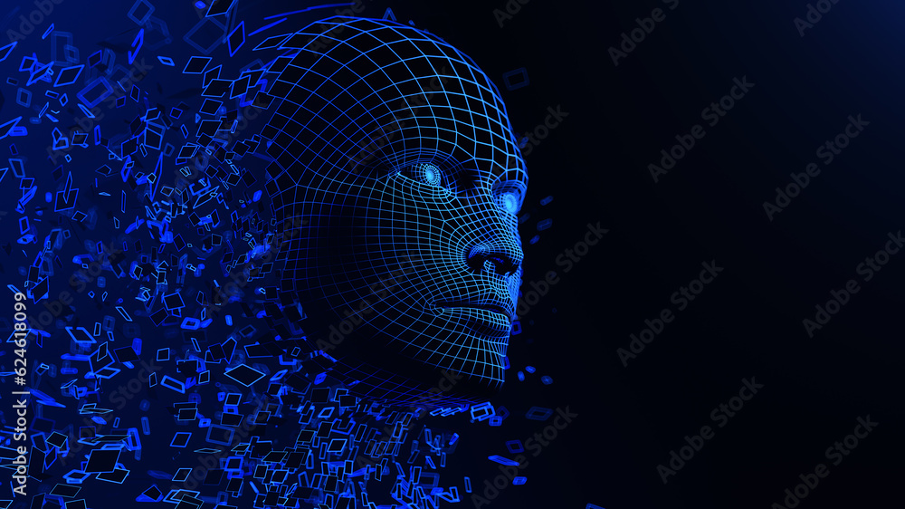 Digital human face. Artificial intelligence AI. Dispersion dissolve ...