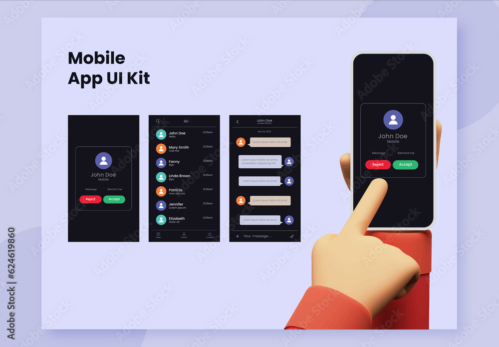 Mobile App UI Kit Including as Call Details, Message and Incoming Calls Accept and Reject Button ...