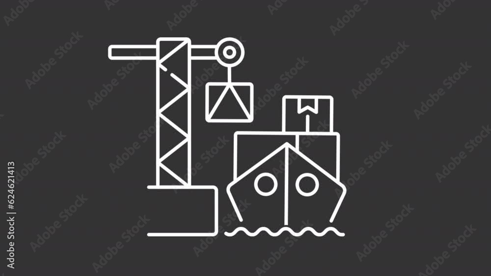 White icon animation of cargo loading and unloading in container ship ...