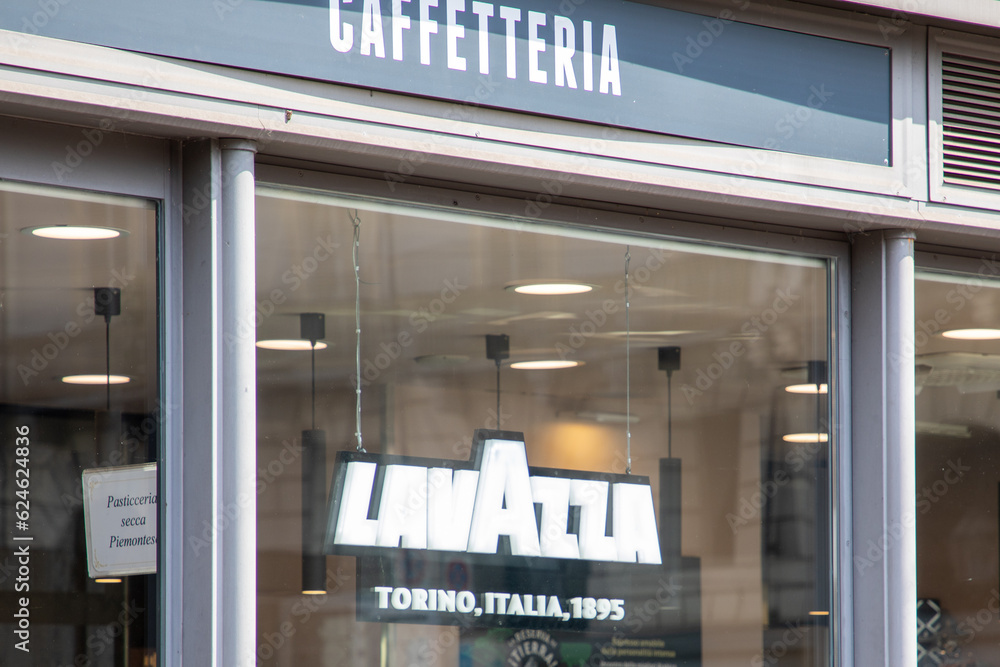 Lavazza logo brand and text sign on wall windows facade coffee shop ...