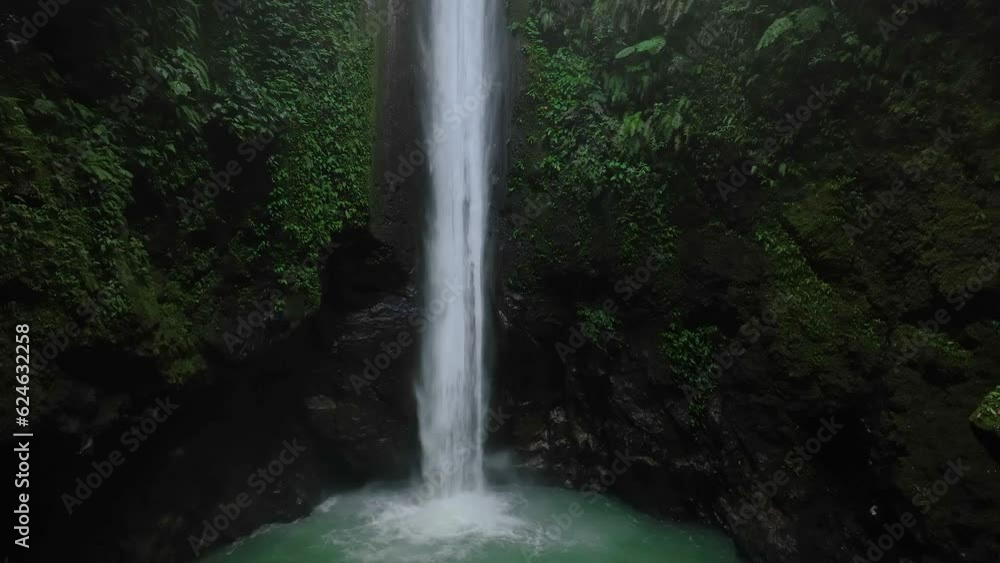 Drone shoot. Waterfall hidden in tropical rainforest jungle, falling ...