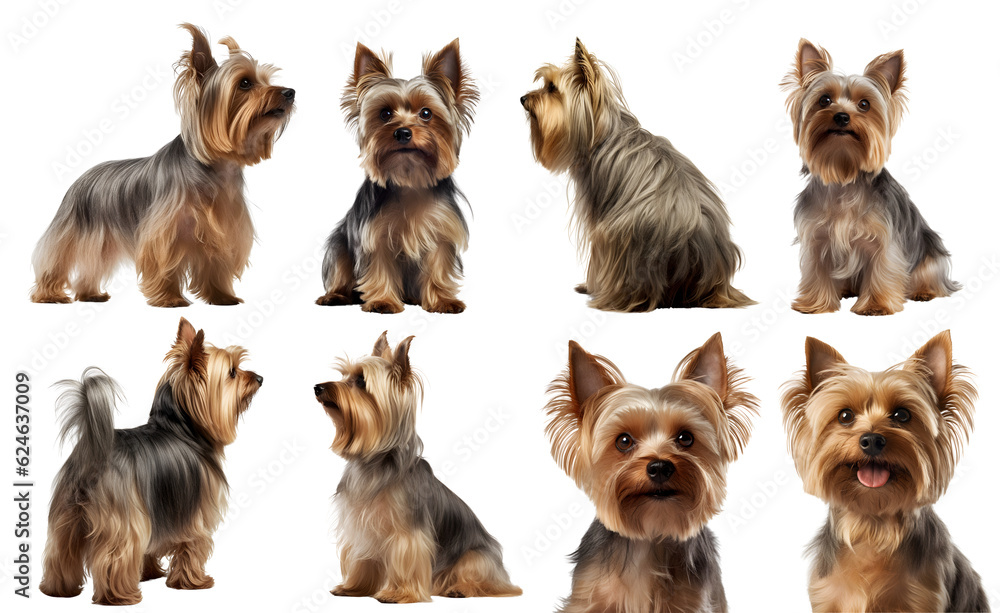 Yorkshire Terrier dog puppy, many angles and view portrait side back ...