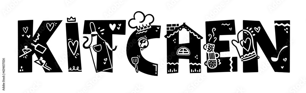 Kitchen. Vector logo. Design for poster, flyer, banner, menu cafe. Hand ...