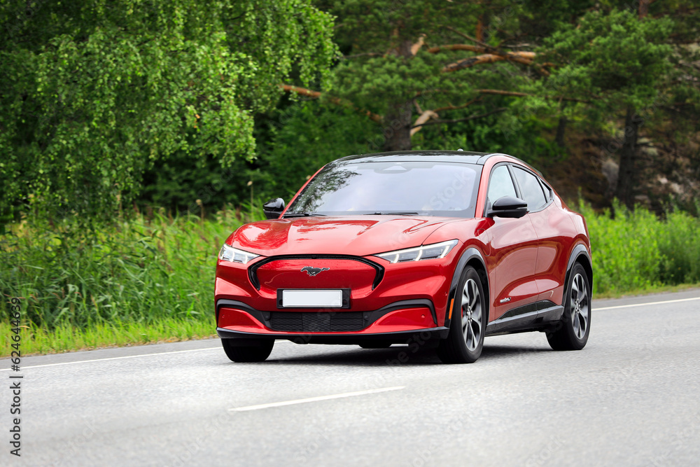 Red battery electric Ford Mustang Mach-E compact crossover SUV car at ...