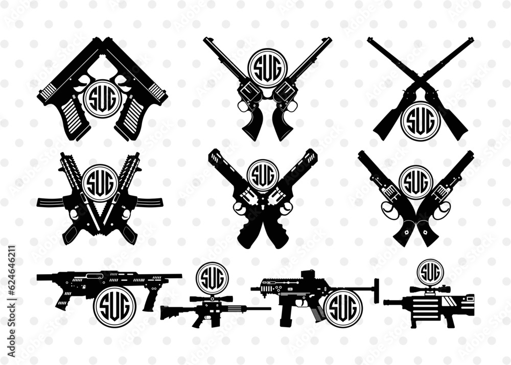 Gun Circle Monogram, Revolver Svg, Gun Silhouettes, Pistol Svg, Sniper ...
