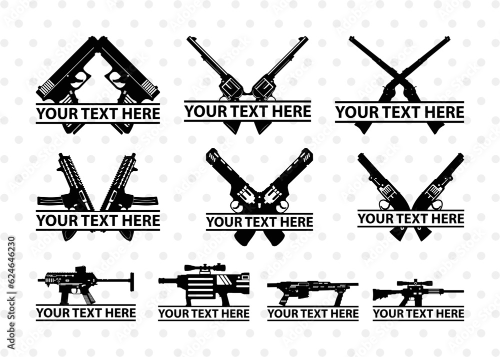 Gun Split Monogram, Revolver Svg, Gun Silhouettes, Pistol Svg, Sniper ...