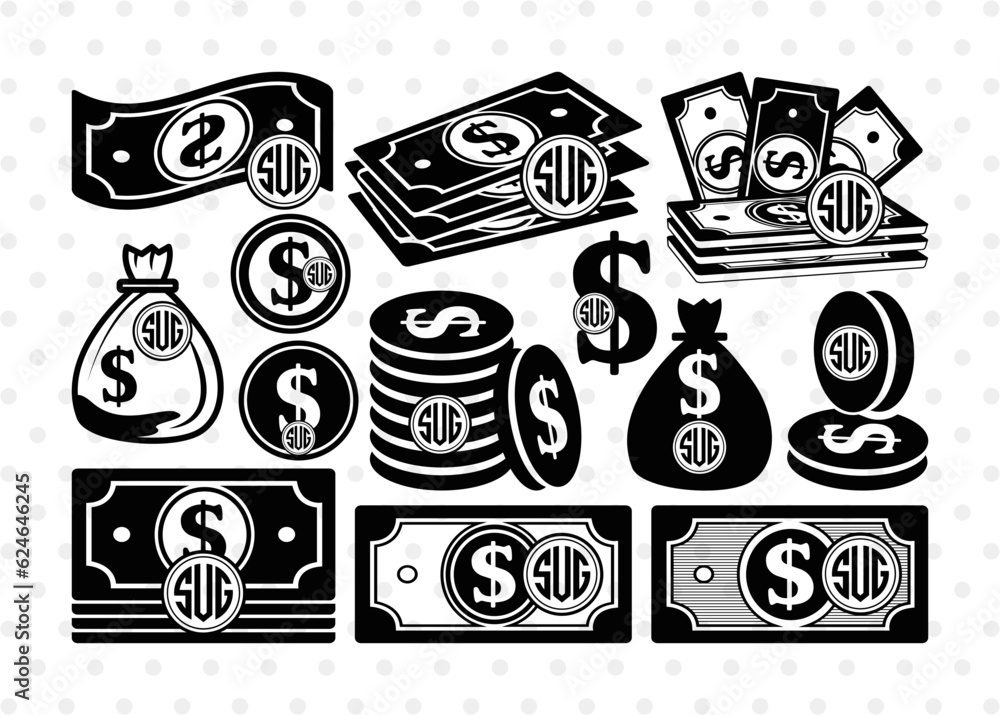 Vecteur Stock Dollars And Money Circle Monogram, Money Svg, Coin Svg ...