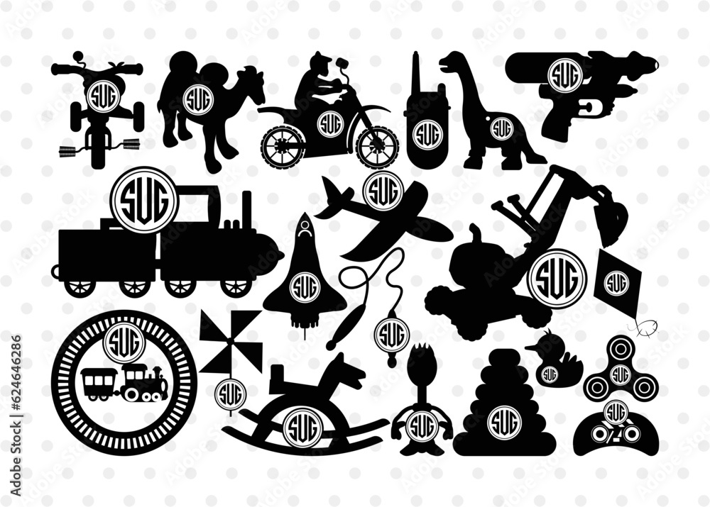 Vetor do Stock: Kids Toys Circle Monogram, Baby Toy Svg, Toys Doodle ...