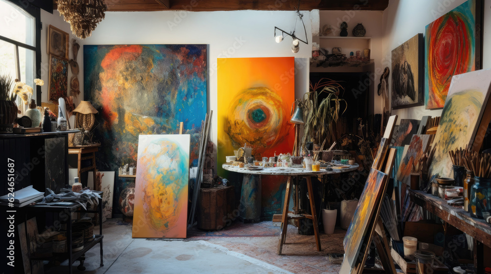 Bohemian artist studio with colorful canvases and paint supplies Stock ...