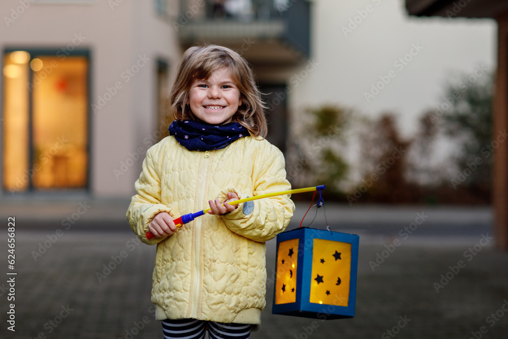 Little Preschool Kid Girl Holding Selfmade Traditional Lanterns with ...