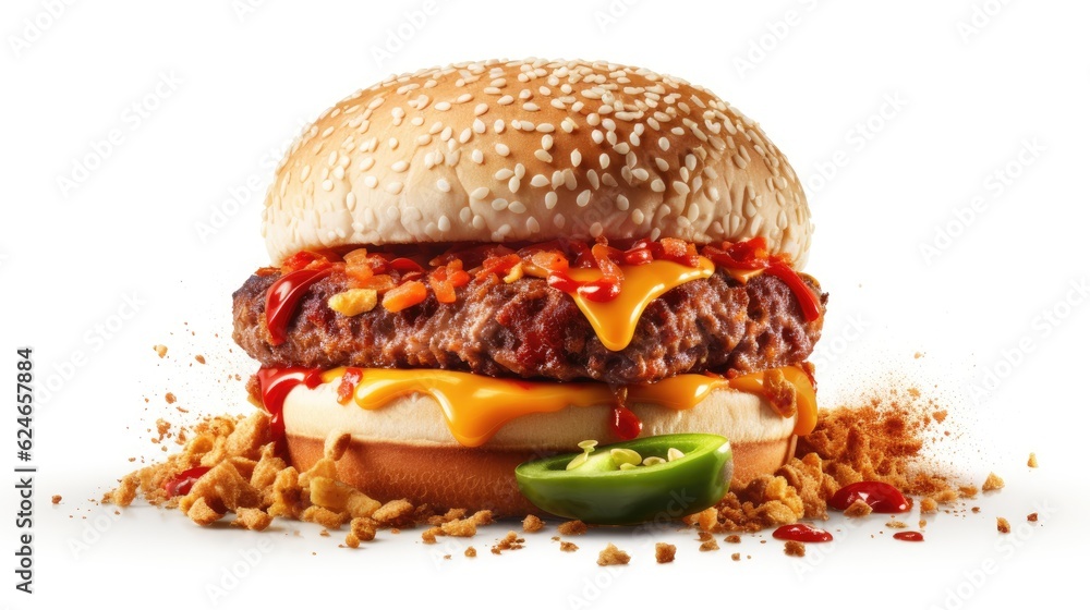 Burger in white background. Hot tasty spice meat and cheese melting ...