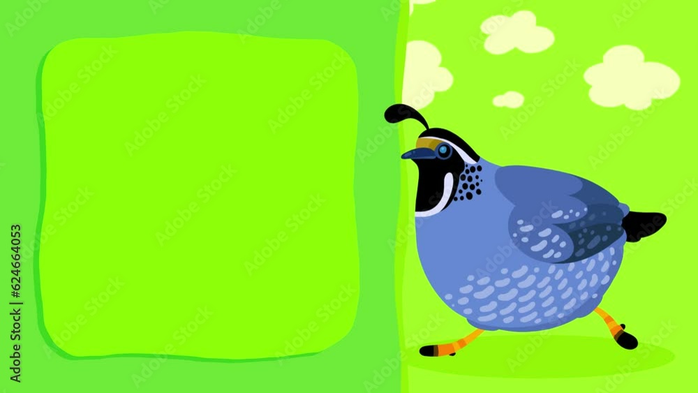 Cartoon character blue quail bird walking loop animation for titles ...