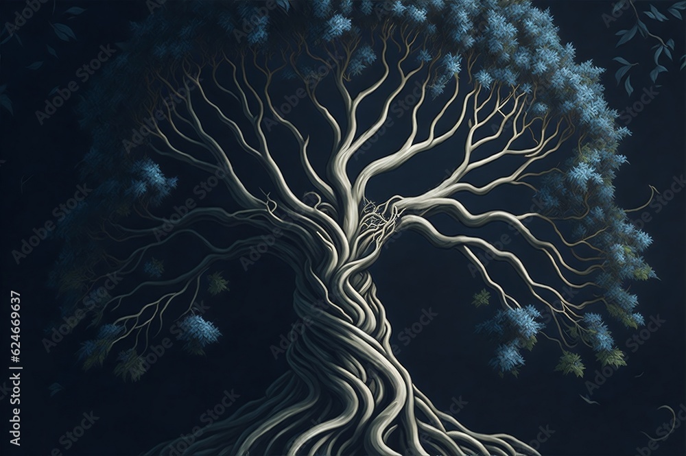 A majestic, towering tree with its branches intertwined in a symbol of ...
