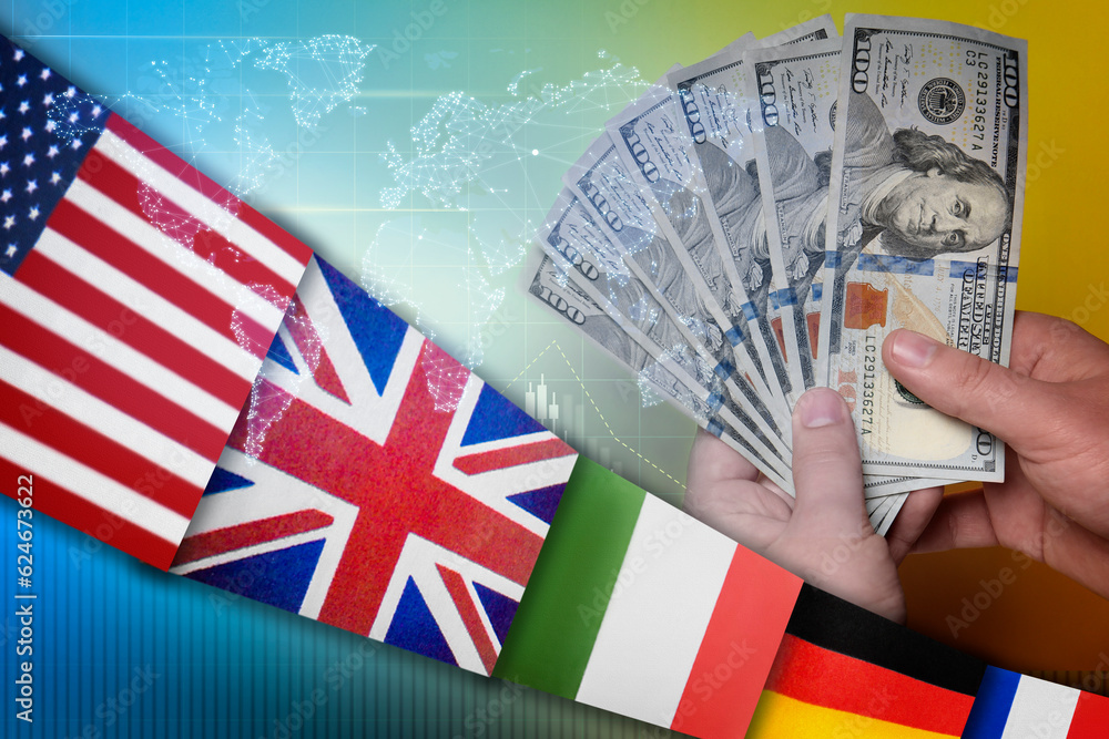 Foreign exchange market. Double exposure of man holding money, digital ...