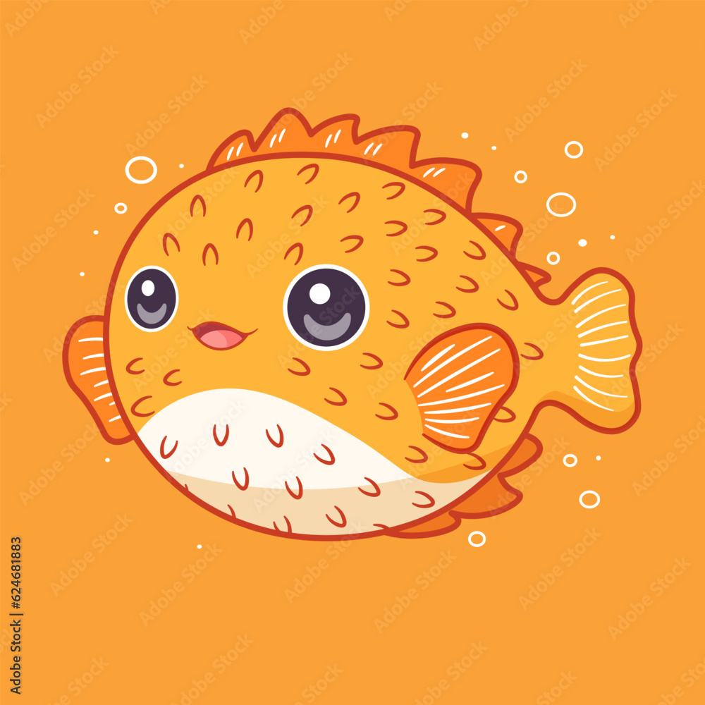 Cute cartoon puffer fish. Vector illustration on orange background ...
