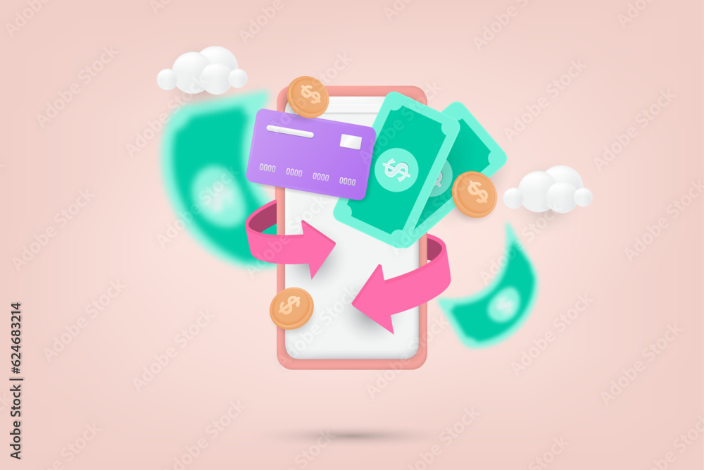 3d cashback and money refund concept. Mobile app with banknotes, coins ...
