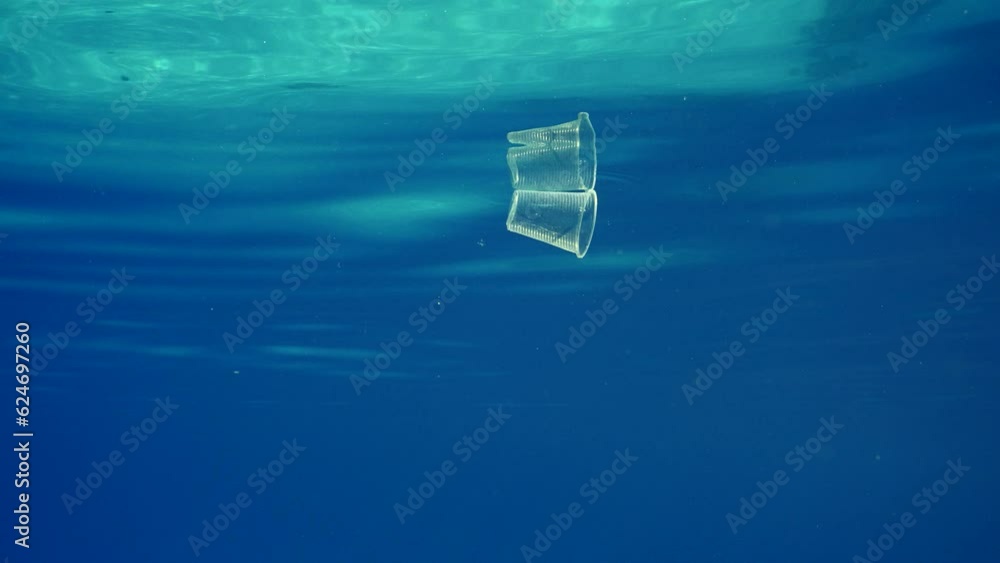 Plastic cup floating below surface o ocean, slow motion. Transparent ...