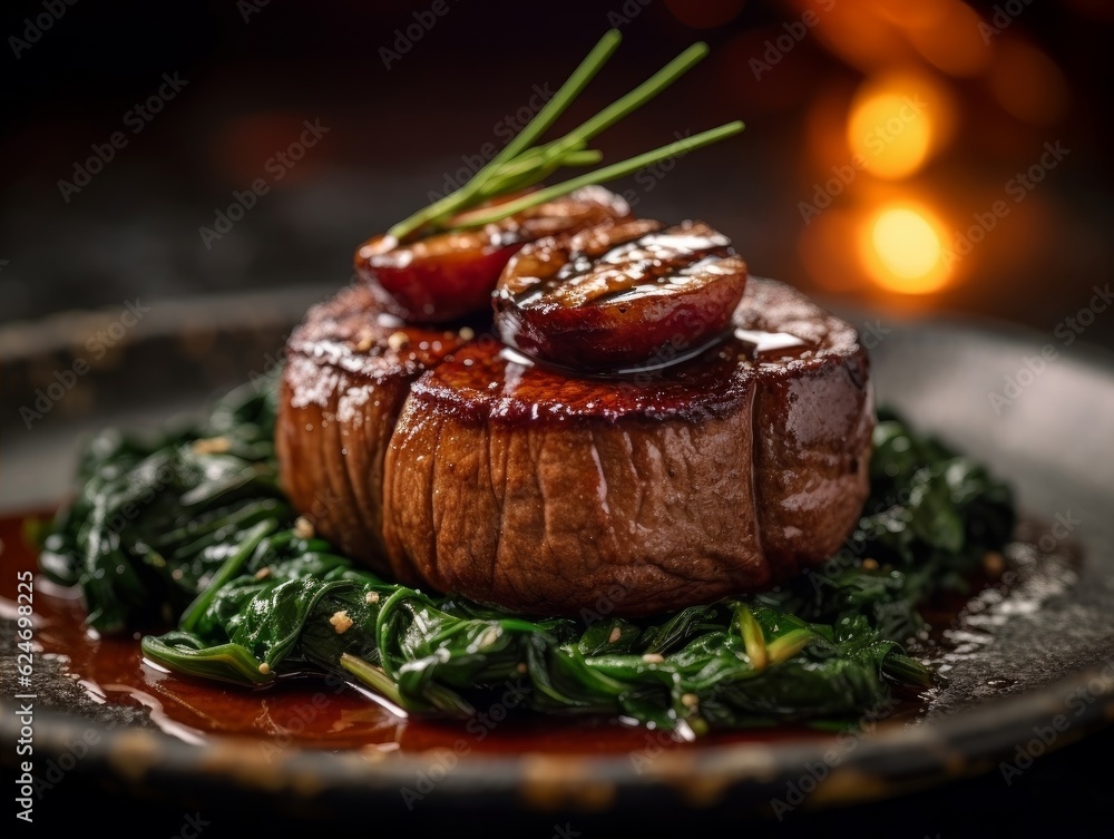 Filet Mignon with a red wine reduction, placed on a bed of sauteed ...