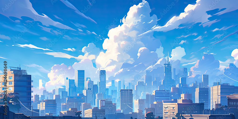 City skyline background anime style city sky scrapers blue clouds ...