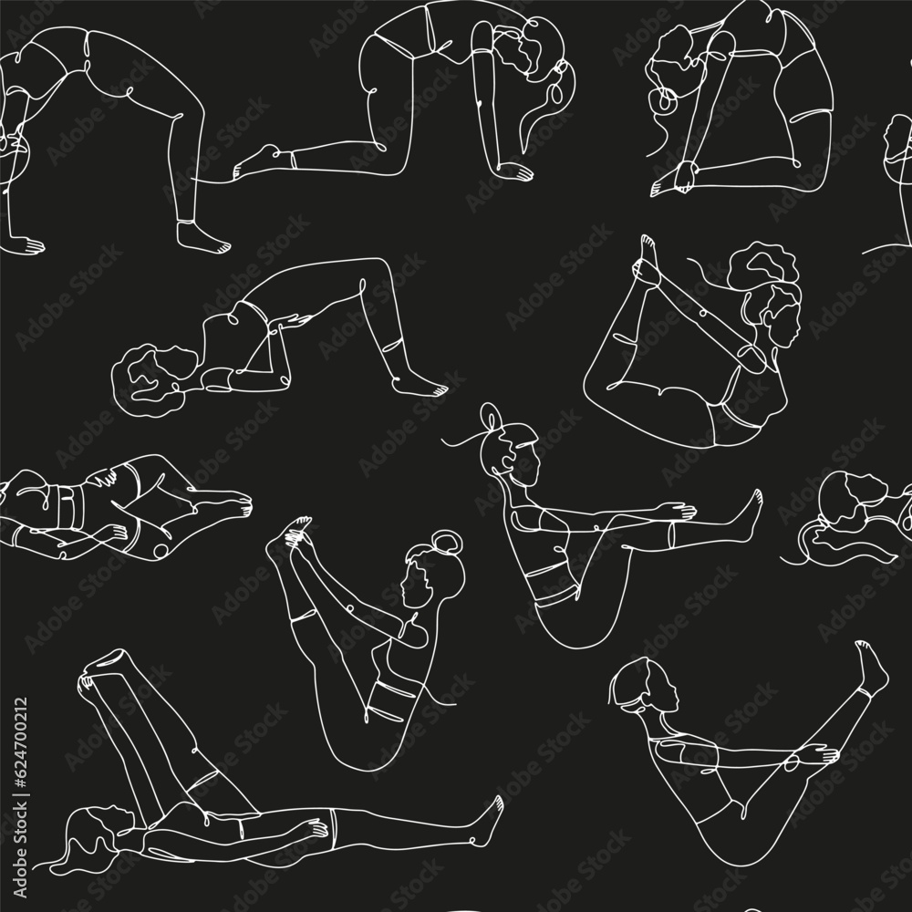 Seamless pattern with single line drawings of yoga poses. Linear hand ...