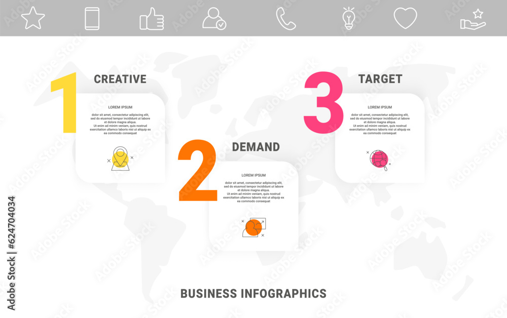 Vector infographics with three numbers or figures and rectangular items ...