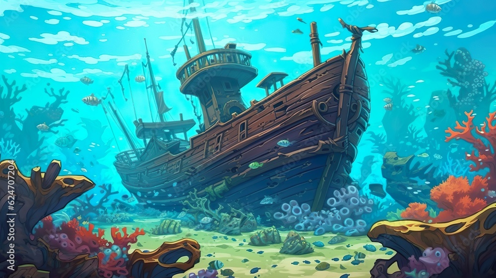 Abstract background shipwreck. World of mystery with an illustration of ...