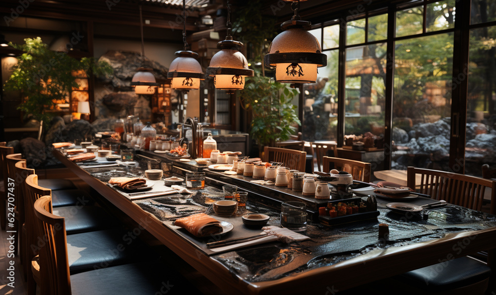 Japanese restaurant. tables in a classic style traditional Japanese ...