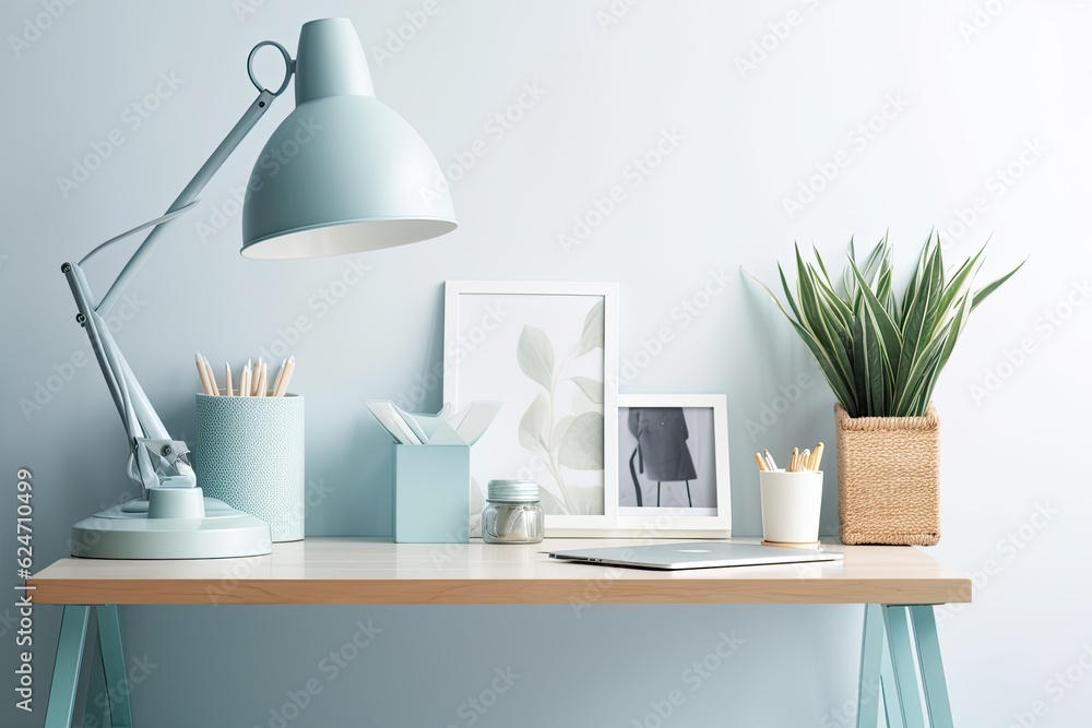 pastel blue minimalist office desk table. For a desk and workspace ...