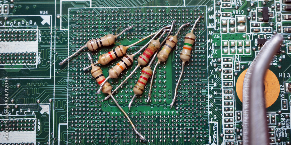 Resistors of different values on digital electronic circuit board ...