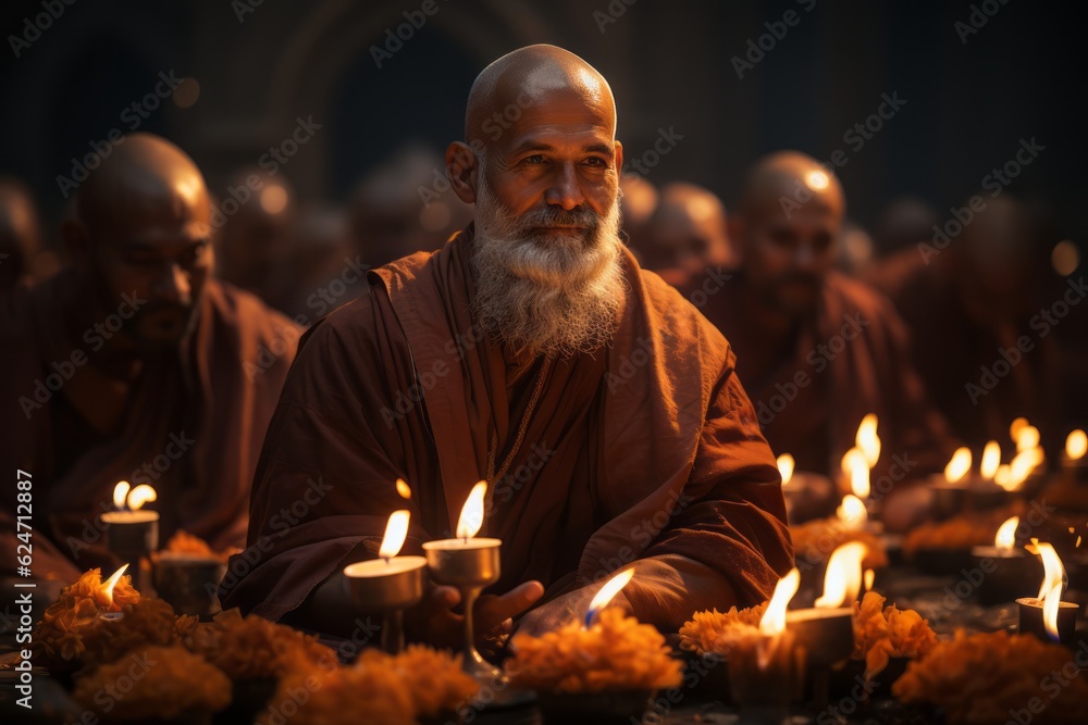 A group of Buddhist devotees engaging in a traditional ceremony ...