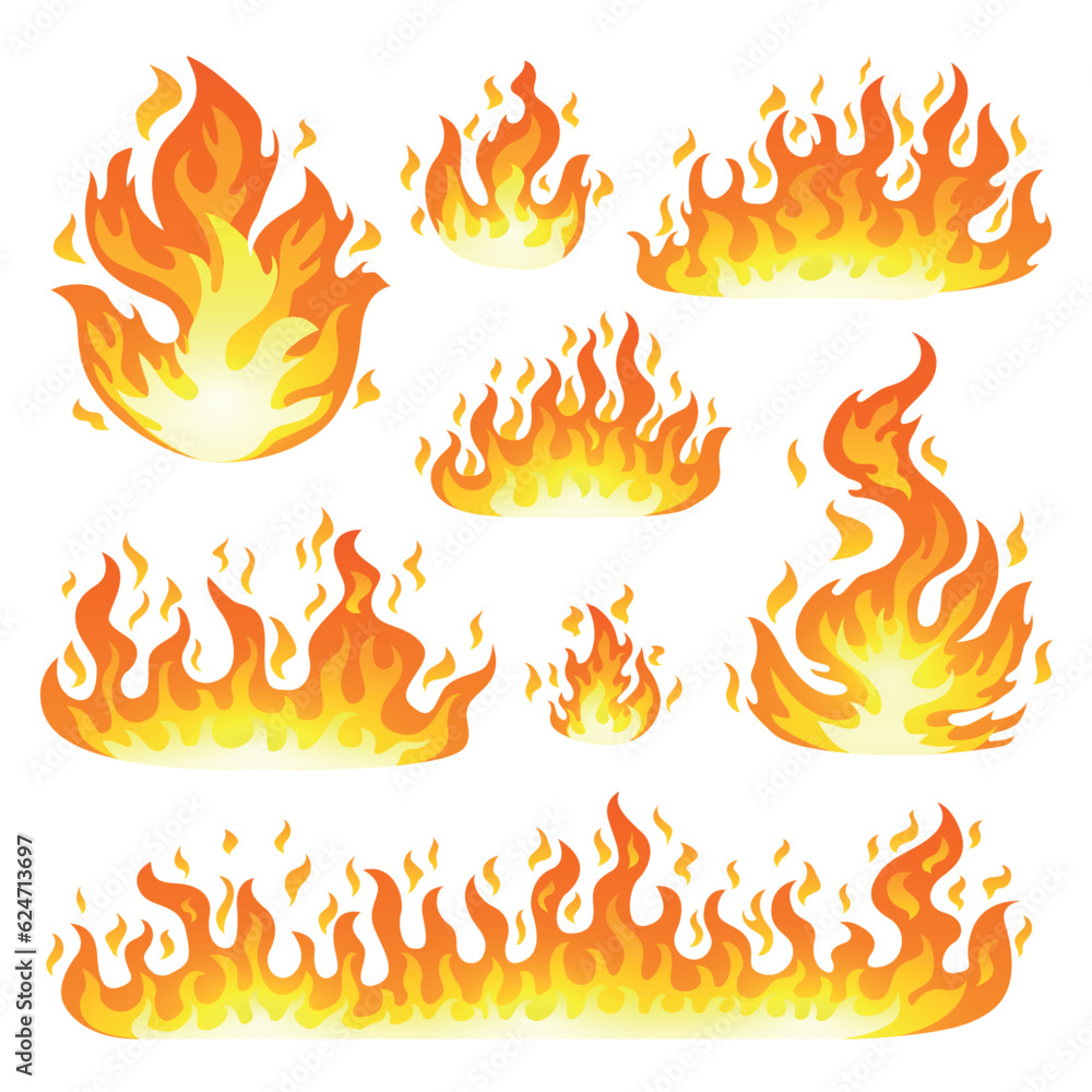 Set of cartoon fire flames, isolated on white background. Vector ...