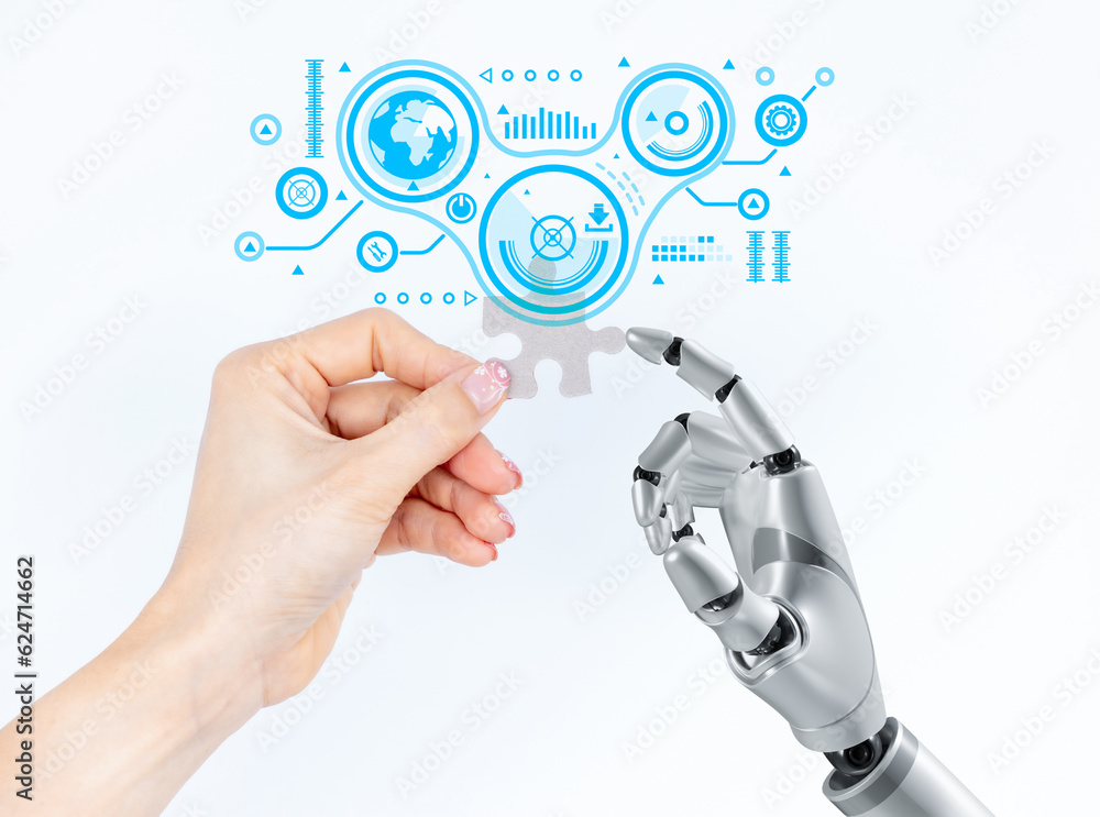 Human touching and communication with robot.Big data Global network ...