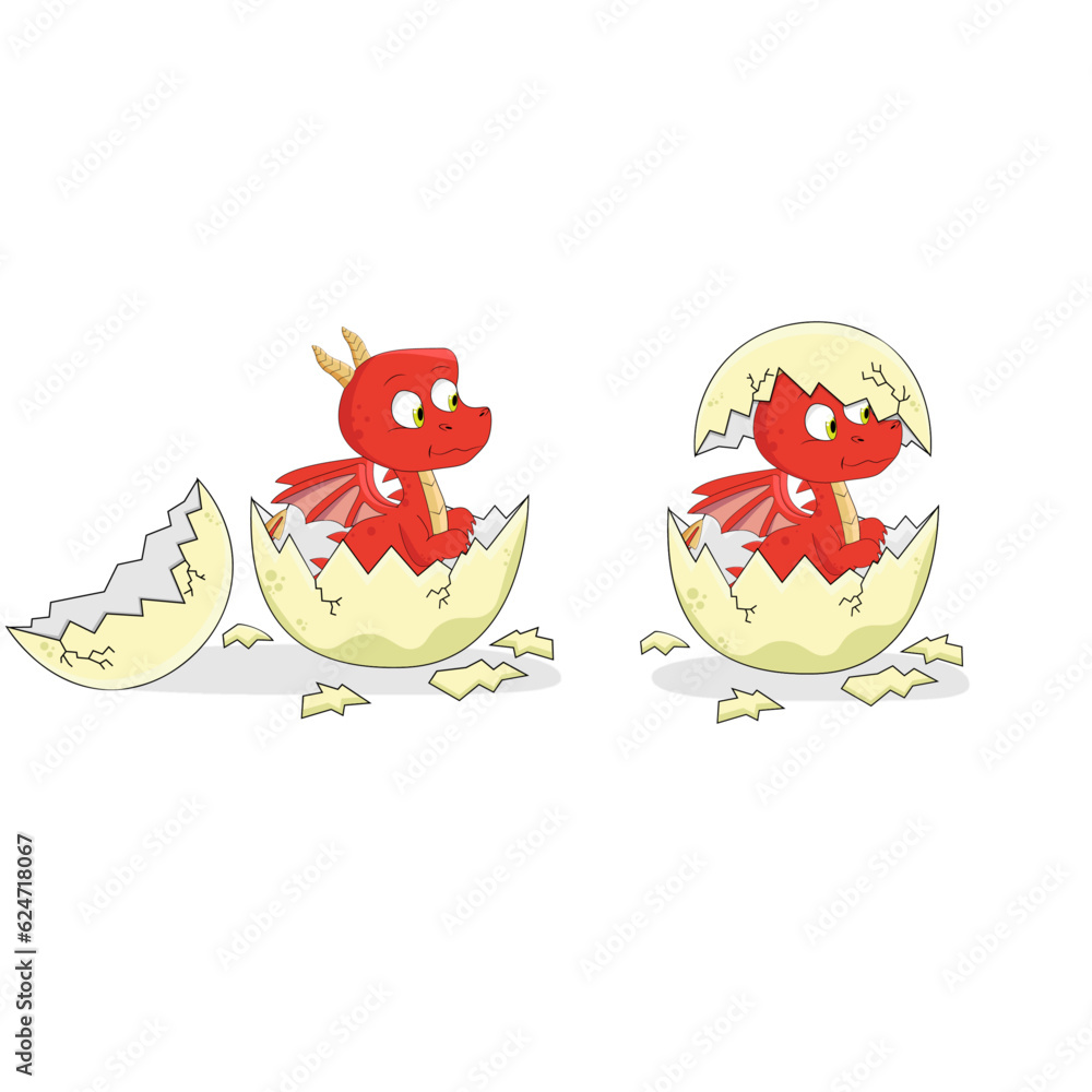 Cute cartoon red baby dragon hatching from egg white background Stock ...