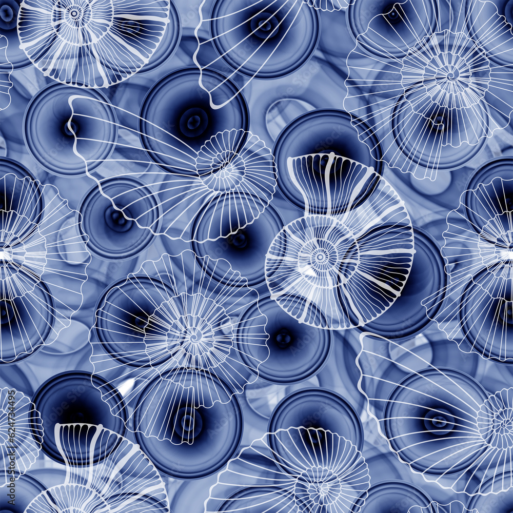 Abstract sea background with blue watercolor shapes and seashells. Hand ...