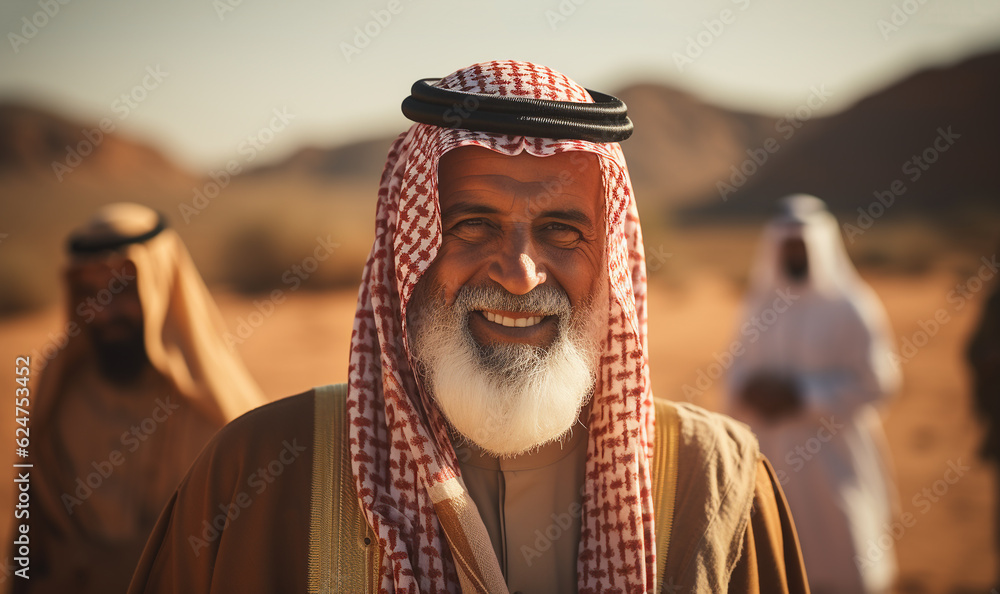 Portrait smiling arabic oil sheikh with blurred desert on the ...