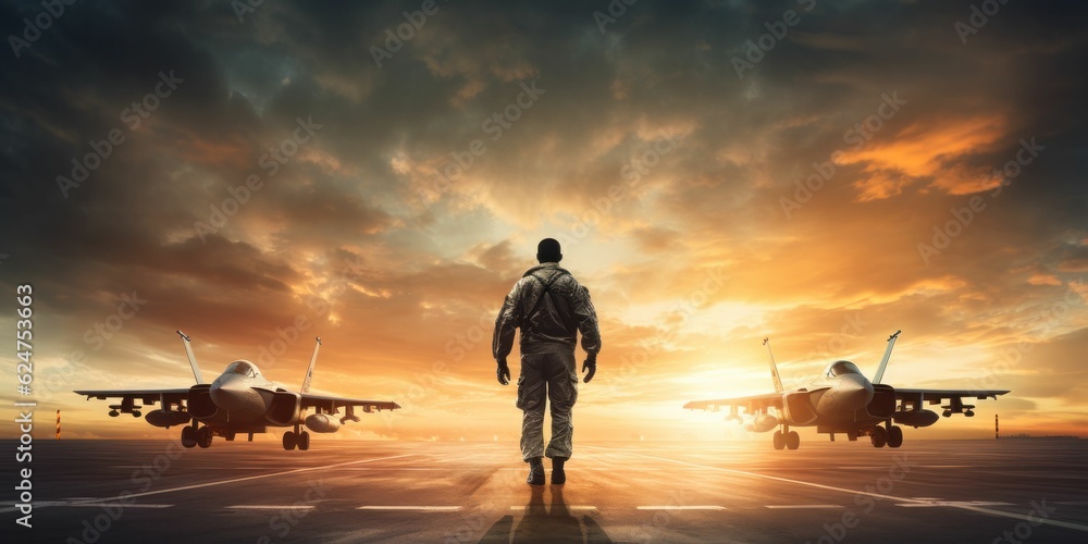 Airforce soldier fighter jet pilot standing between two aircraft in the ...