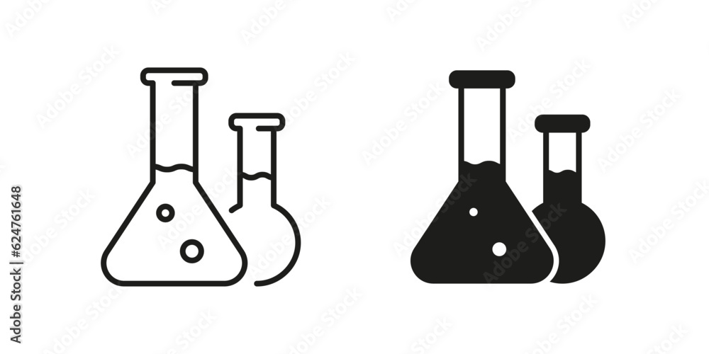 Flask Line and Silhouette Black Icon Set. Chemical Lab Experiment Glass ...