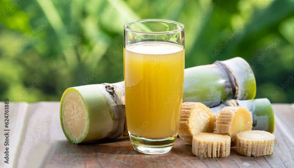 Fresh squeezed sugar cane juice in glass with cut pieces cane on nature ...