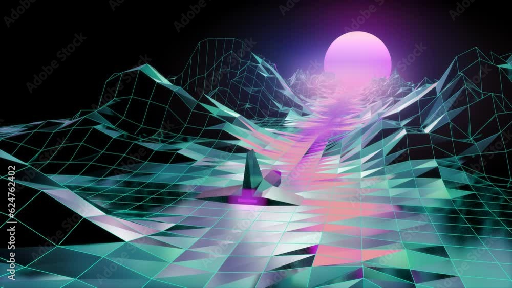 Cyber VHS age sunset horizon landscape low poly terrain sun and ...