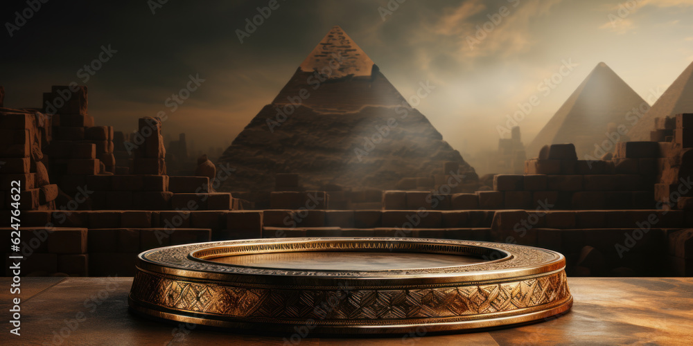 Ancient golden product display podium with pyramids background ...