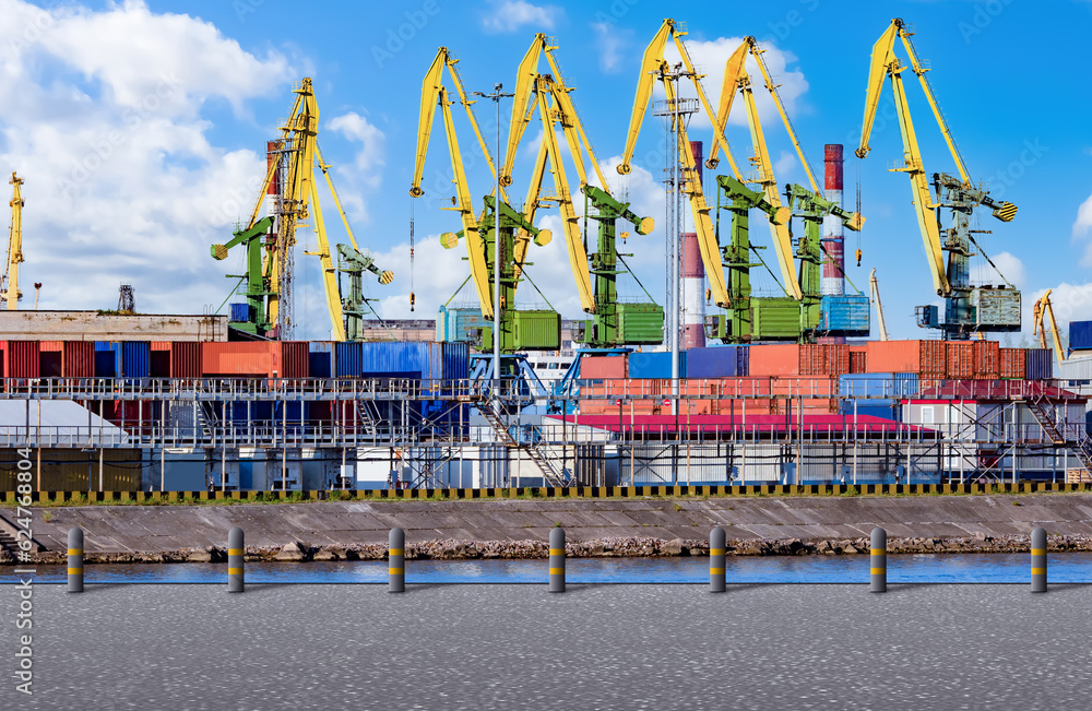 Sea cargo port. Port area with cranes. Sea port in sunny weather ...